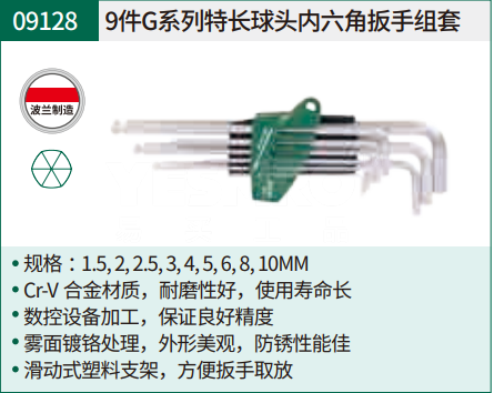 世达 SATA 内六角扳手组套 9件G系列特长球头内六角扳手组套(停产) 9件G系列特长球头内六角扳手组套 规格：1.5，2，2.5，3，4 ...